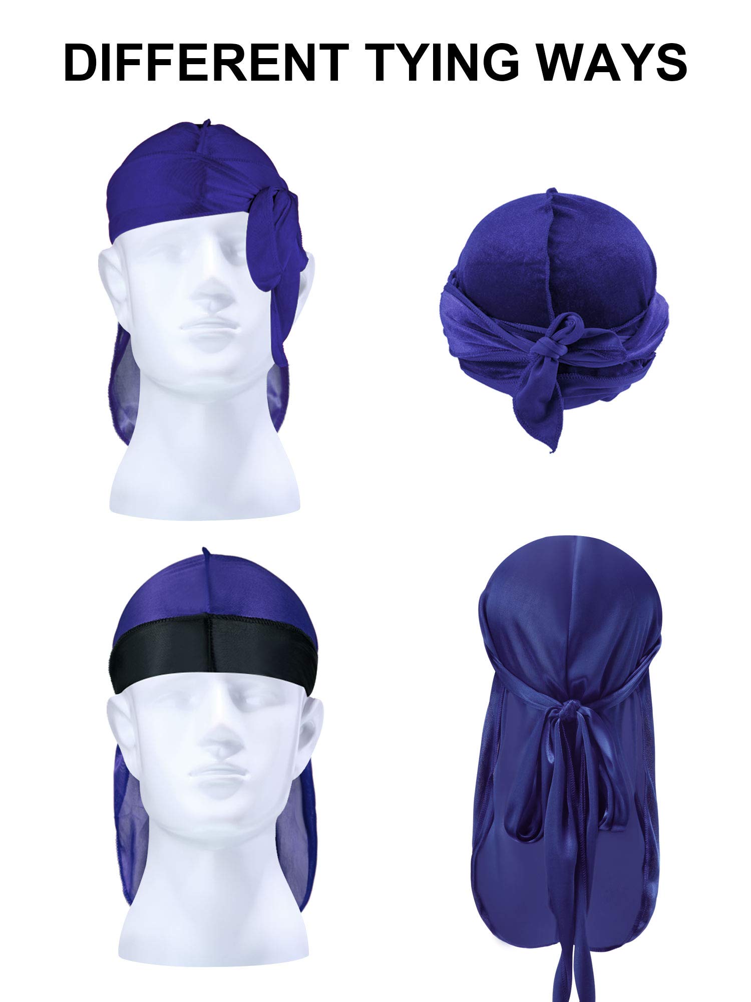 4 Pieces Kids Silky Durag with Wave Caps Set Unisex Baby Durags Long Tail and Wide Strap Headwraps Turban Beanies (Black, Navy Blue)