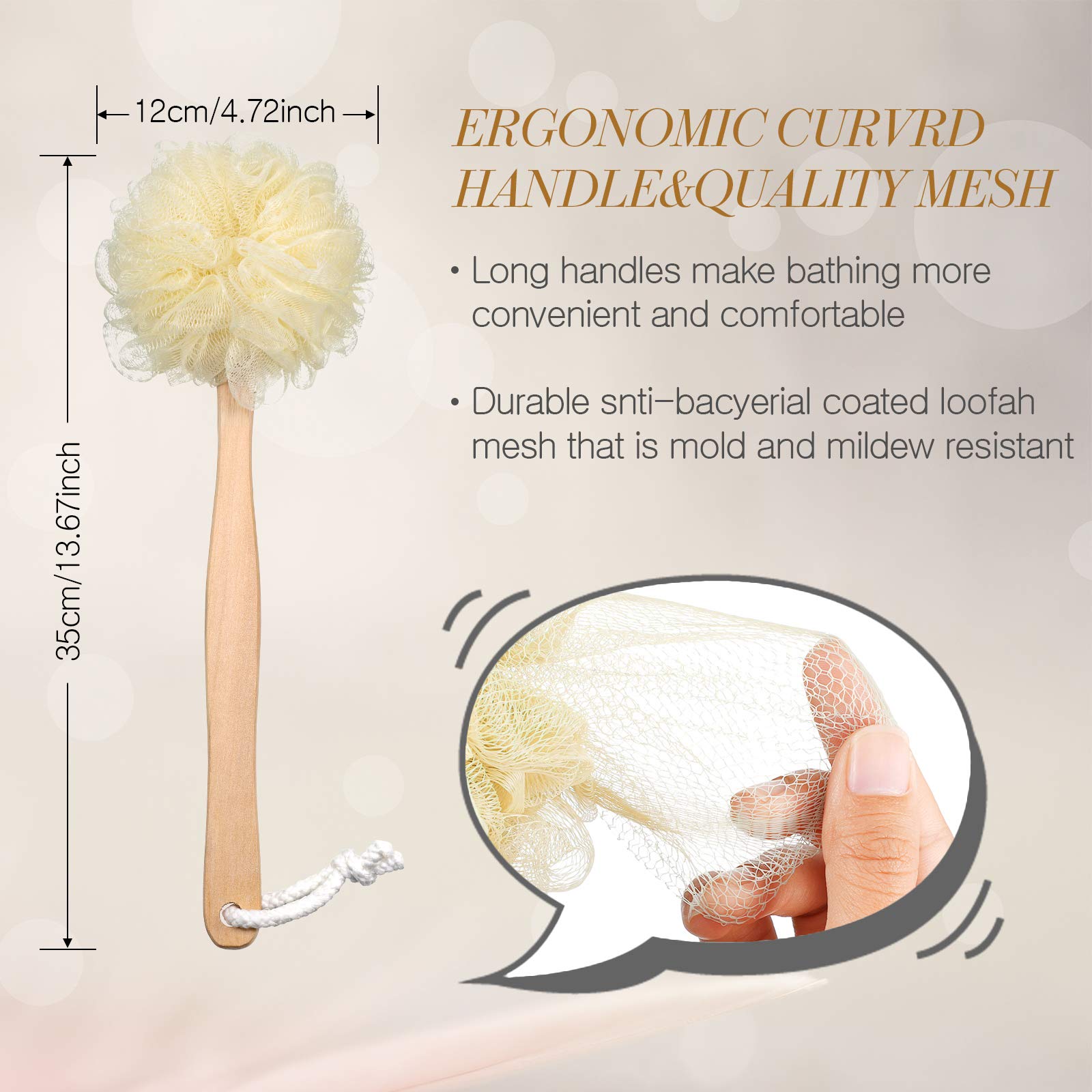 4 Pieces Loofah Back Scrubber Bath Sponge with Wooden Handle Long Handle Sponge Mesh on a Stick for Shower Exfoliating Bath Body Brush Luffa Back Brush for Women Men (White, Grey, Blue, Green)