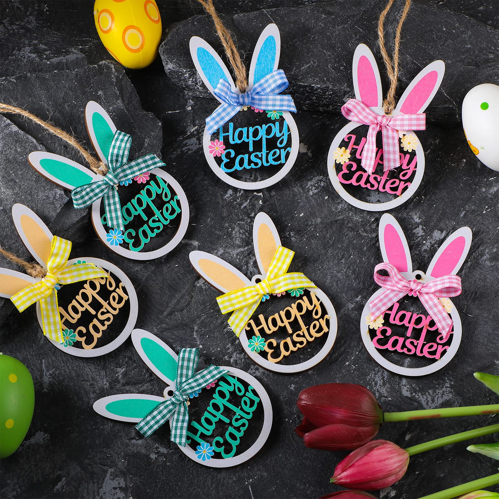 16 Pieces Easter Rabbit Tree Ornament Wooden Hanging Bunny Ornaments with Plaid Bow and Rope Wood Hollowed Out Easter Ornaments Cute Spring Hanging Decorative for Home Garden Decor (Bunny Ears Style)