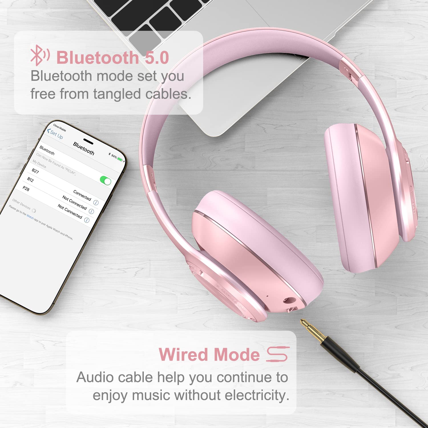 Picun Bluetooth Headphones 100 Hours Wireless Gaming Headphones Over Ear Low Latency Bluetooth 5.0 HiFi Extra Bass, Noise Reduction Mic, Protein Earpads, Foldable Headset for Women Girls Office Class
