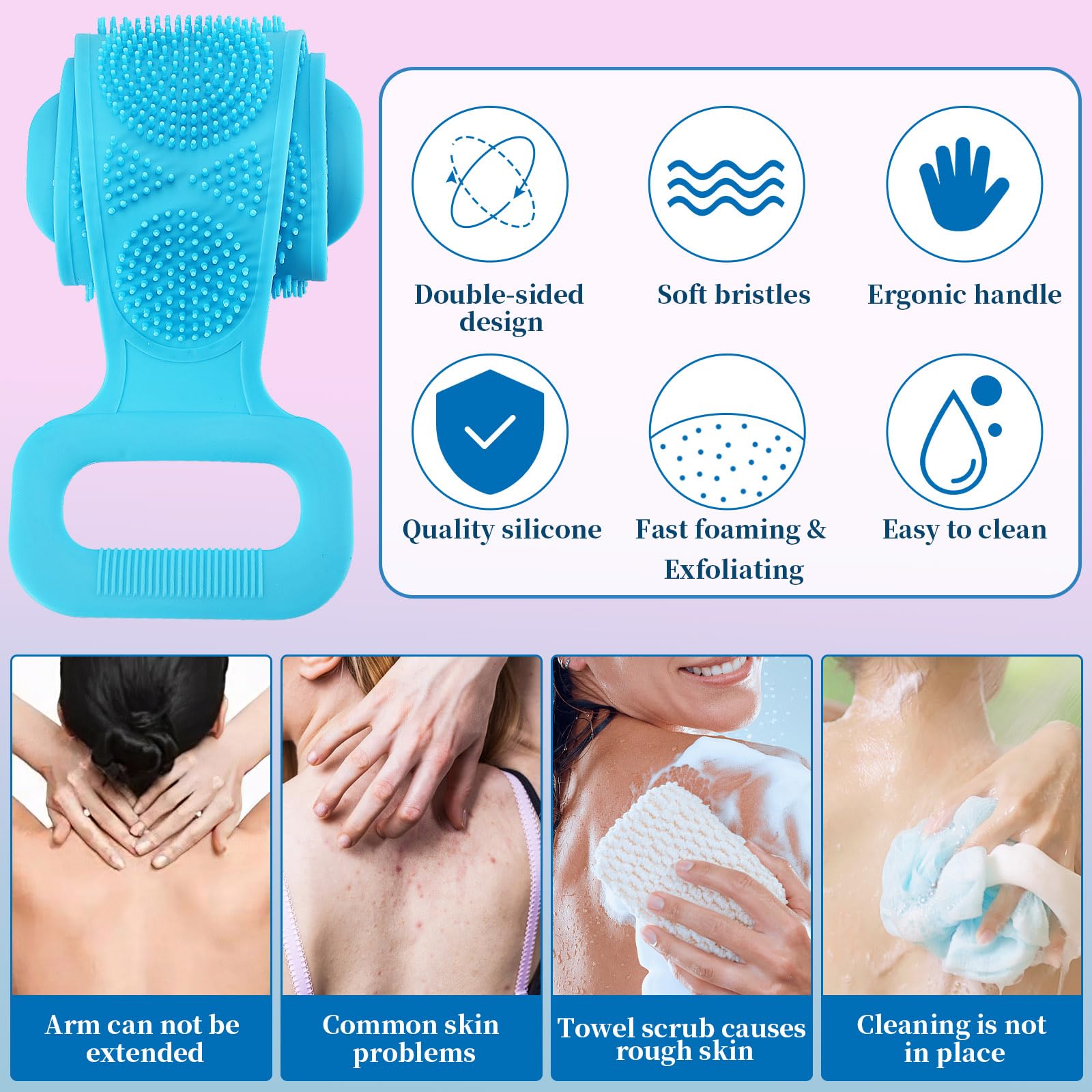 FEBSNOW 2 Pcs Silicone Back Scrubber for Shower,Silicone Body Scrubber,Exfoliating & Deep Clean,Silicone Bath Body Brush for Men and Women,Comfortable Massage and Skin Health