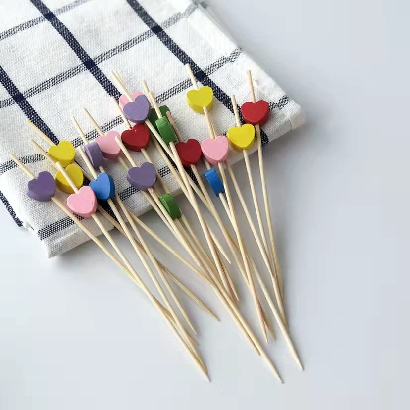 100 Pack Fruit Toothpicks, Heart-Shaped Bamboo Cocktail Picks, Natural Bamboo Toothpicks for Appetizers Fruit Cake Dessert Barbecue Snacks Sandwiches (Multicolor)