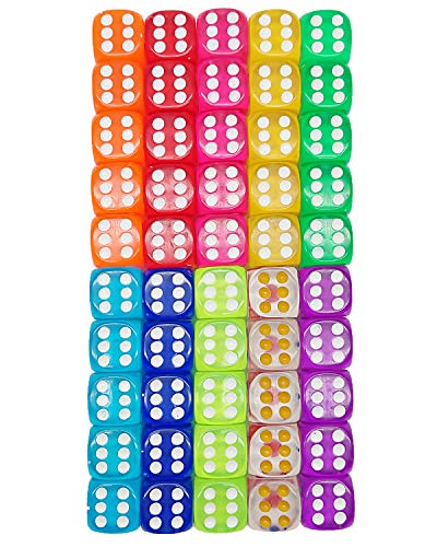 50 Pack 6 Sided Game Dice 16MM Acrylic Dice for Board Games and Teaching Math, 10 Colors