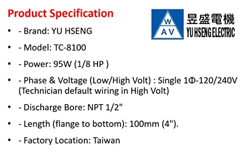 1/8 HP Lathe BandSaw Machinery Circulation Coolant Pump, Immersion Length 100mm(4"), NPT 1/2" thread, Single 1 Phase 120/240V
