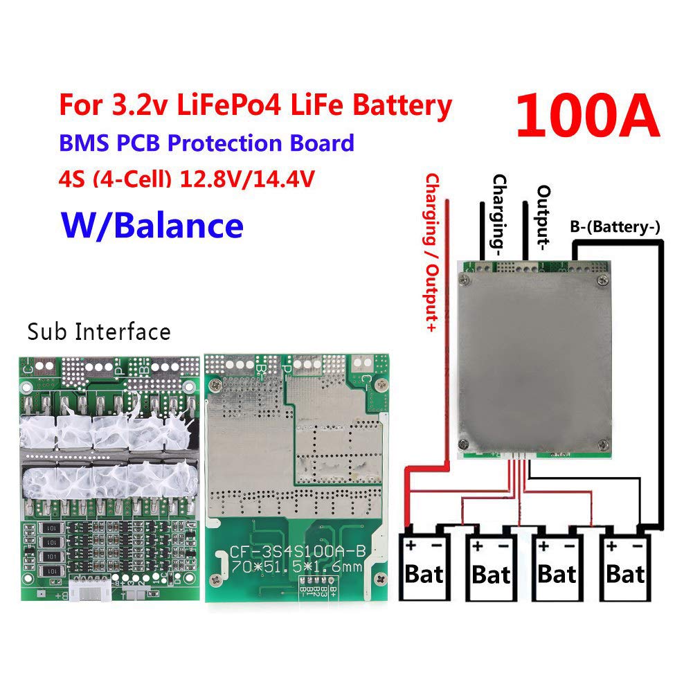 12V 100A 4Series BMS Protection Board with Balancing with Overcharge/Overdischarge/Overcurrent/Short Circuit Protection for LiFePO4 Battery Pack