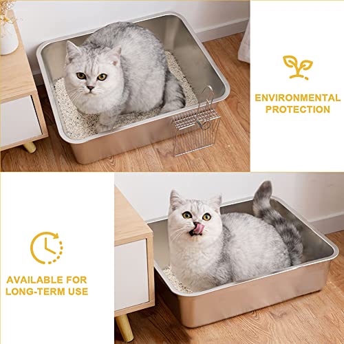 3 Pack Stainless Steel Cat Litter Box, Large Size with 5.9in High Sides Metal Pet Litter Box Non Stick Smooth Surface for Cat Rabbits (15.7 x 11.8 x 5.9 inches)