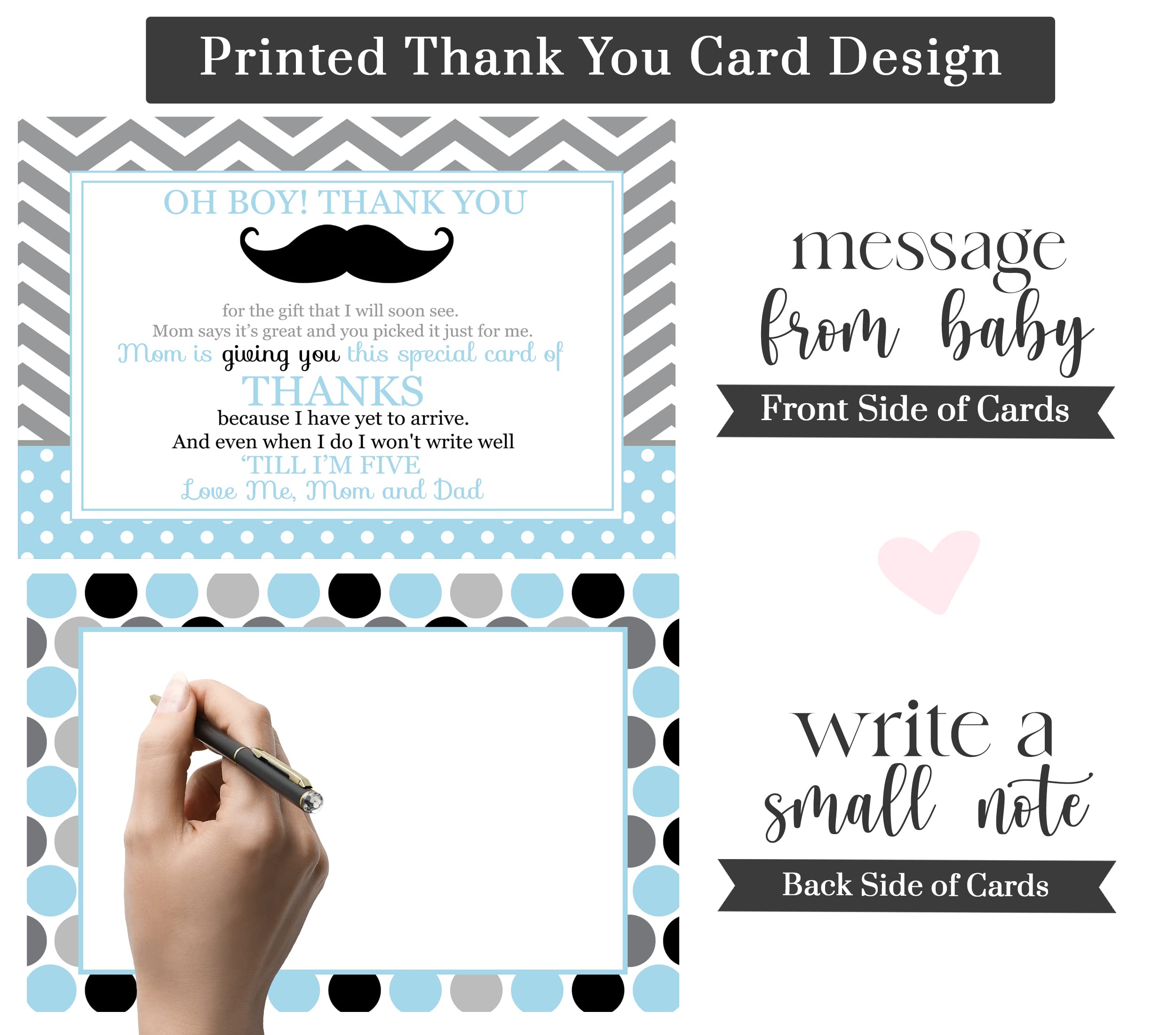 15 Mustache Thank You Cards with Grey Envelopes - Stationery for Boys Baby Shower - Dapper Chevron Stripes