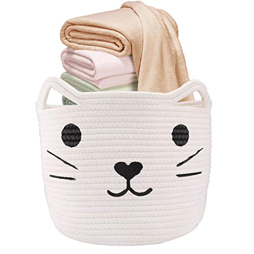 12''X10'' Woven Basket White Toy Storage Basket Cat Design | LONTAN Cotton Rope Basket Collapsible Baby Hamper Cute Bathroom Storage Basket for Clothes, Towels