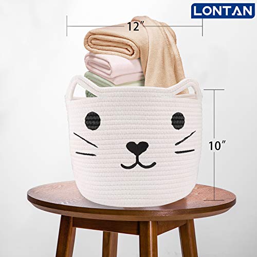 12''X10'' Woven Basket White Toy Storage Basket Cat Design | LONTAN Cotton Rope Basket Collapsible Baby Hamper Cute Bathroom Storage Basket for Clothes, Towels