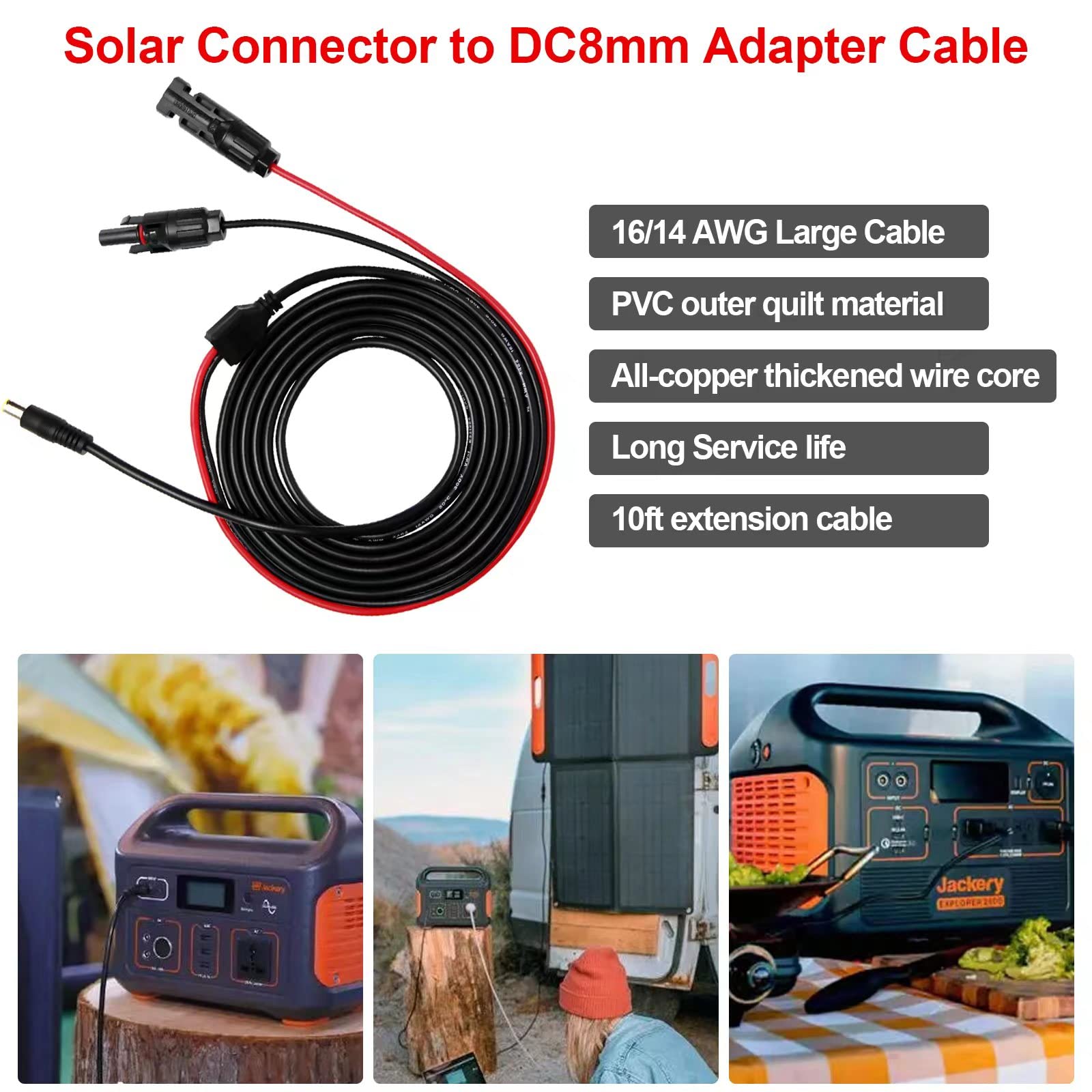 10Ft Solar Panel Connector to DC8mm Adapter Extension Cable, 16AWG Heavy Duty Wire Solar Connector for Portable Backup Power Station Solar Generator