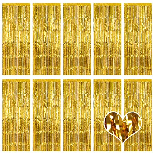 10 Pack Gold Backdrop Curtain 3.2ft x 8.2ft Metallic Tinsel Foil Fringe Curtains Photo Booth Background for Birthday Party Decoration Baby Shower Engagement Wedding Christmas Decoration (Gold)