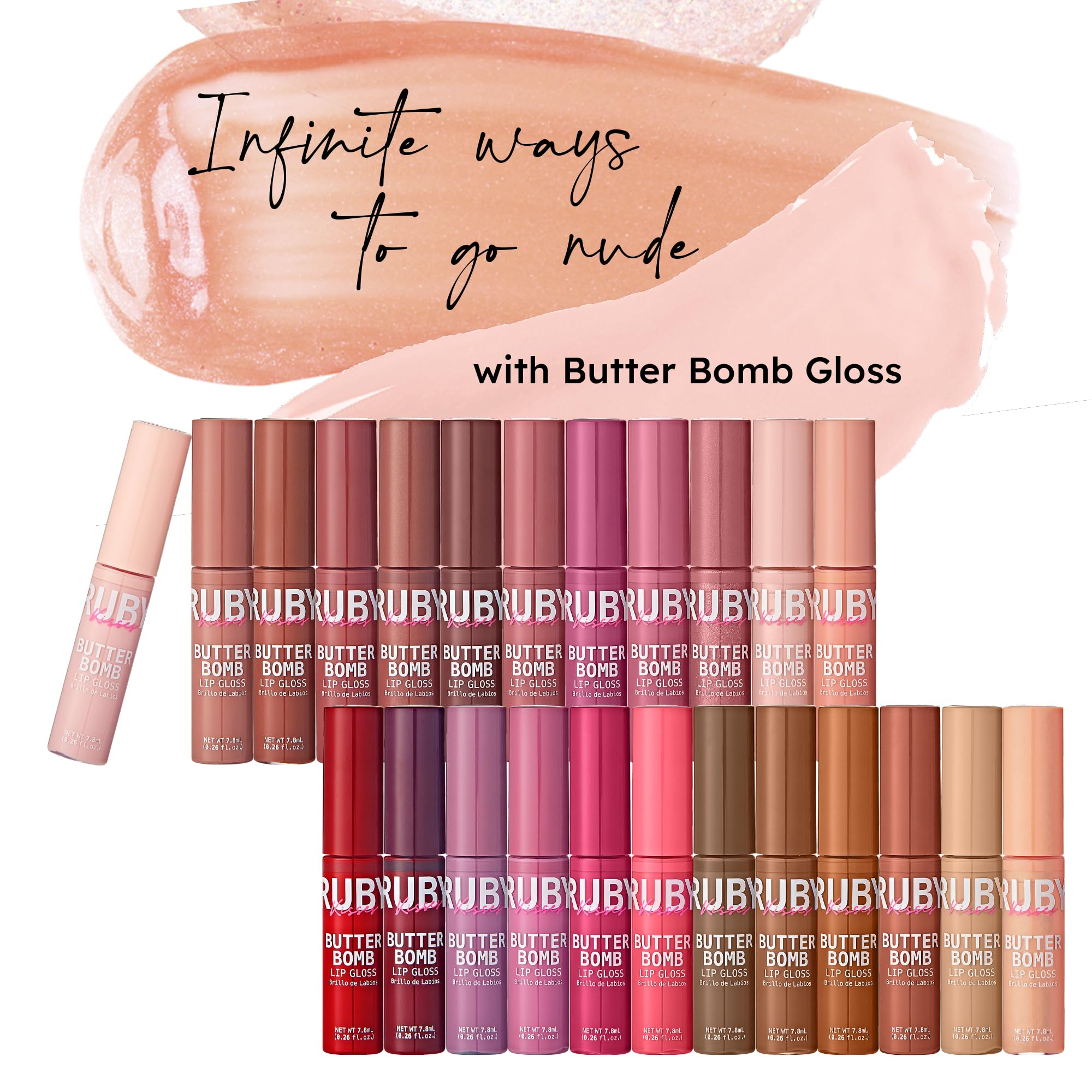 Ruby Kisses Lip Gloss Butter Bomb Gloss Non-Sticky Lip Gloss Vitamin E Natural Nude Lip Makeup- 7.8mL (0.26 US fl.oz) (Blind Date, Beau, Gloss, Babydoll)
