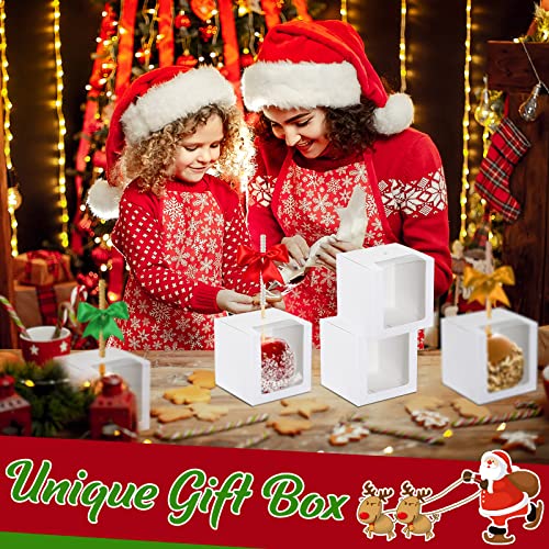 100 Pcs Candy Apple Boxes with Hole Caramel Apple Boxes 4 x 4 x 4 Inch Apple Gift Box Cookies Chocolate Apple Container with Clear Window for Harvest Autumn Party Wedding Baby Shower (White)