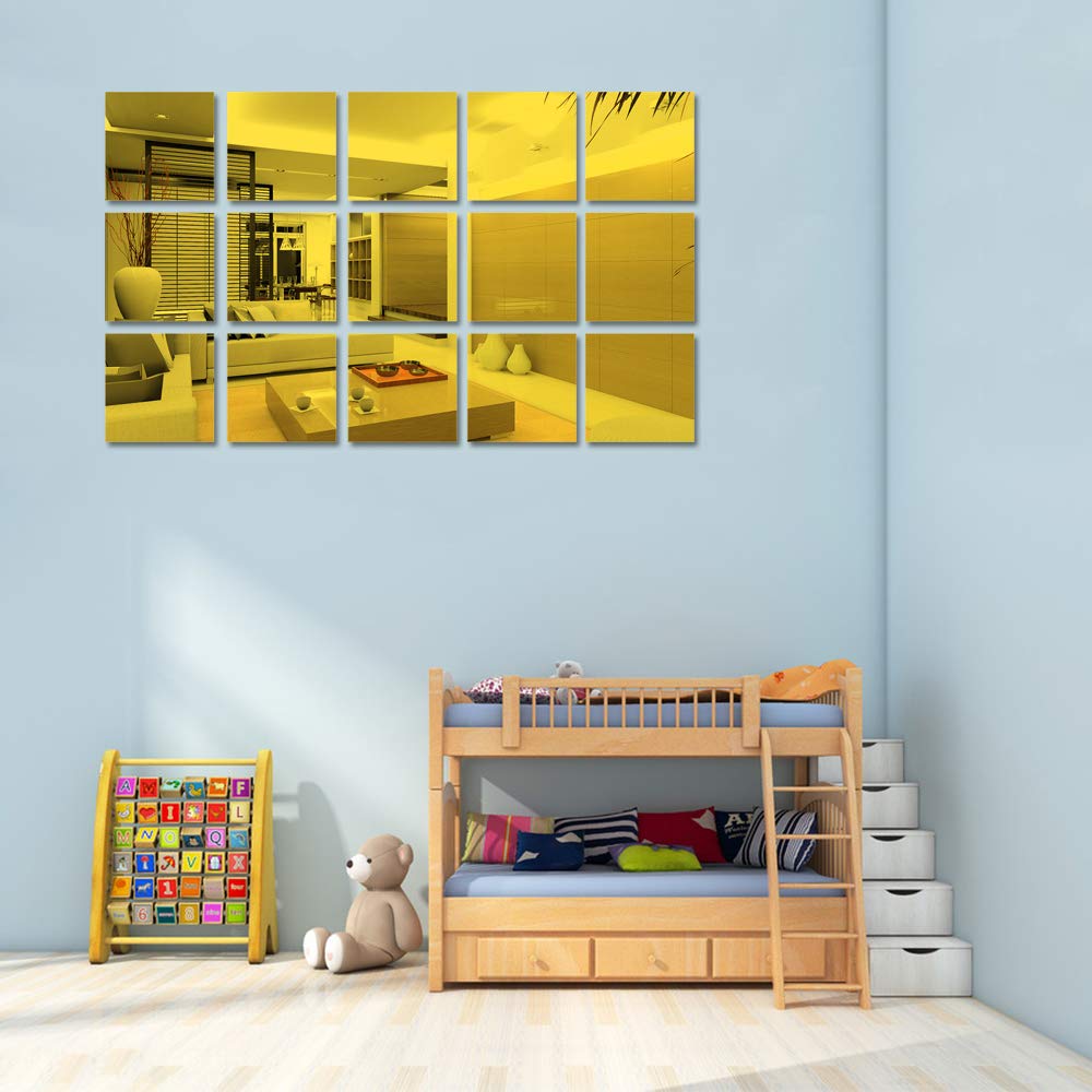 15 Pieces 6in Square Acrylic Mirror Sticker Sheet, Self Adhesive Golden Mirror Wall Decor, Removable Wall Stickers for Bathroom Living Room Bedroom Decal (Gold)