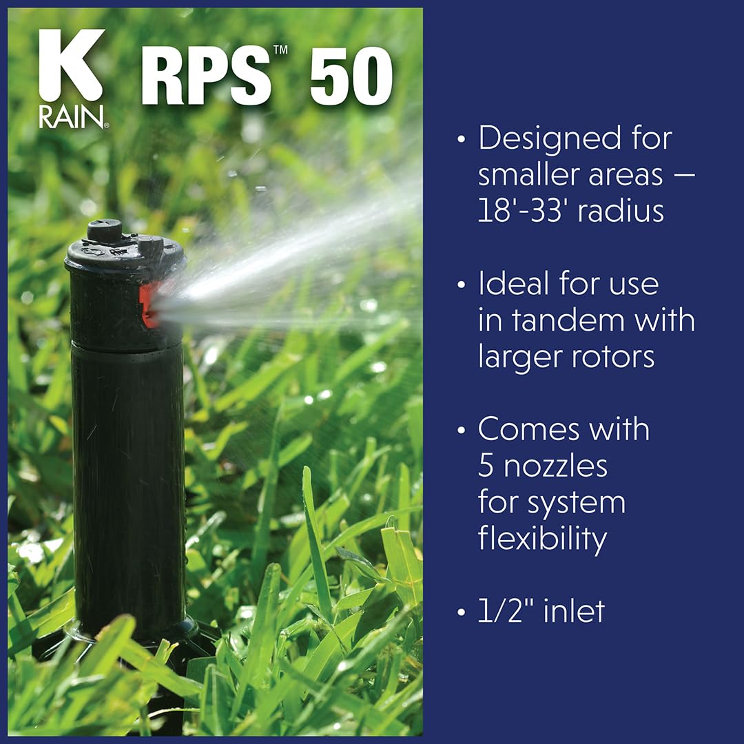 K-Rain RPS50 1/2" Gear Drive Rotor 4" Pop-Up| 18' - 33' Spray Distance, 20-70 PSI, 40° - 360° Arc Spray Pattern | Includes Install Kit (5 Pack)