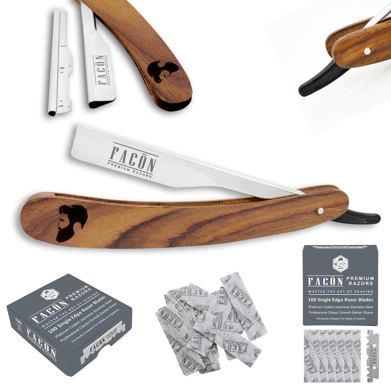 100 BLADES + Facón Professional Wooden Straight Edge Barber Razor - Salon Quality Cut Throat Shavette