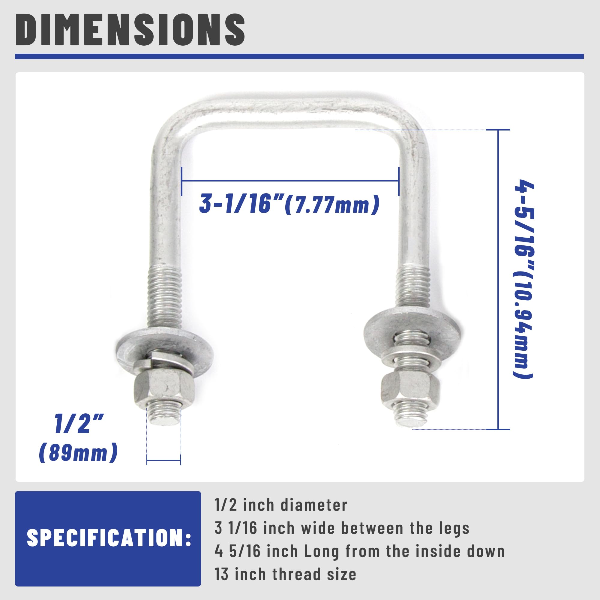1/2" Diameter 13" Thread Square U-Bolt for Boat Trailer 8 Pieces 1/2" D x 3 1/16" W x 4 5/16" L
