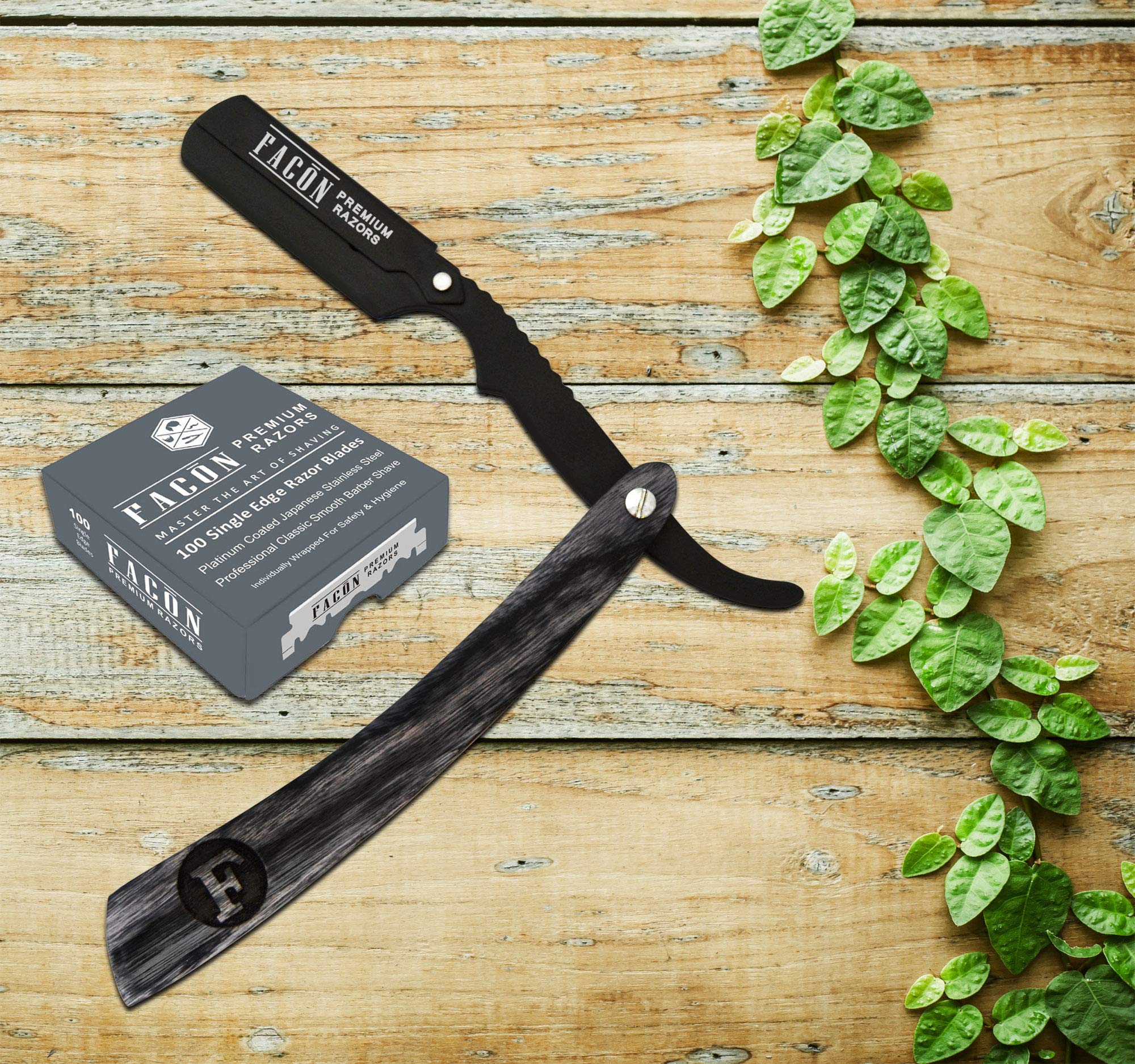 100 BLADES + Facón Professional Wooden Straight Edge Barber Razor - Salon Quality Cut Throat Shavette