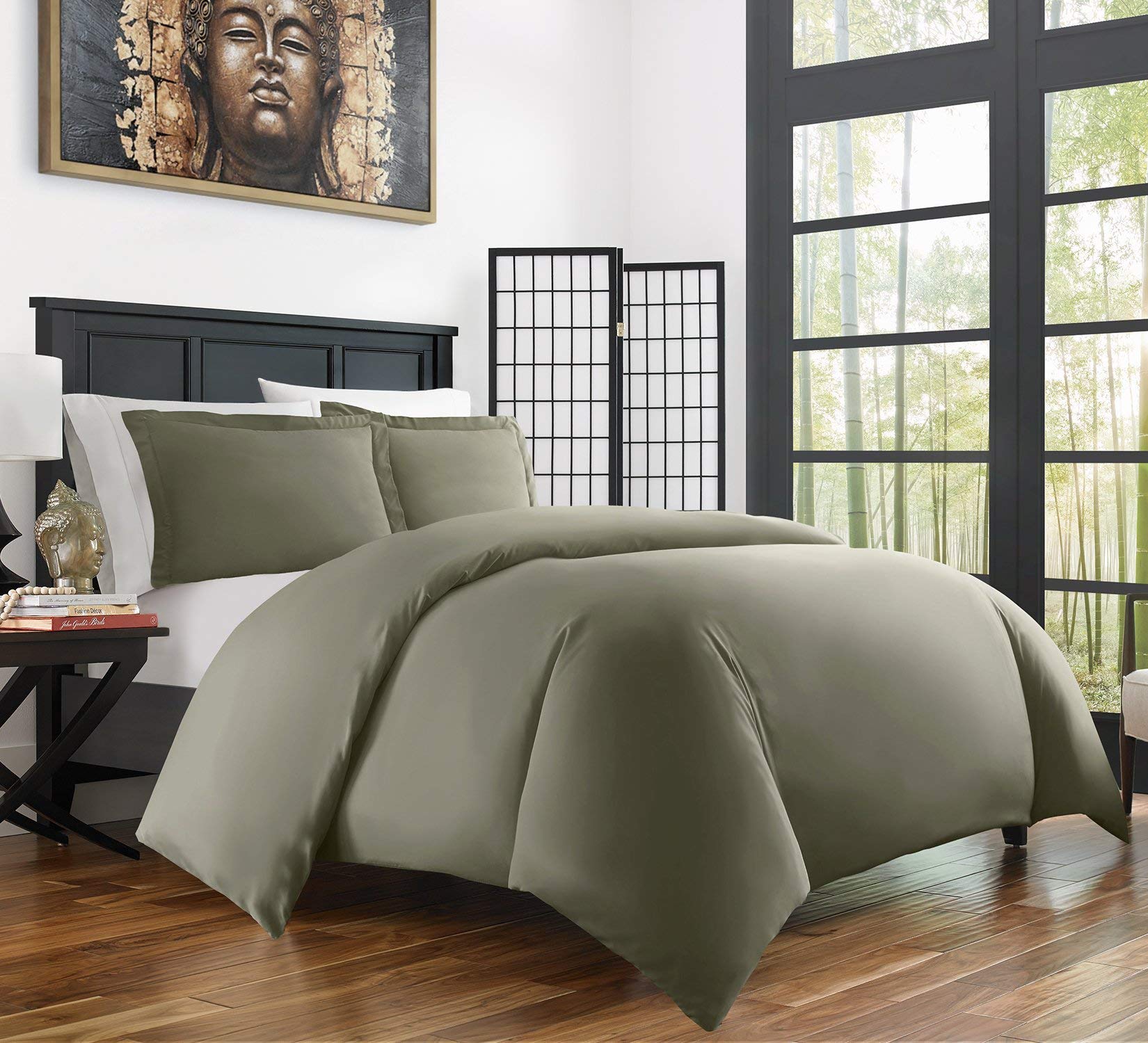 100% Pure Cotton Duvet Cover Set, 600 Thread Count with Zipper & Corner Ties 3 Piece Set-1 Duvet Cover and 2 Pillowshams, Super Soft and Easy Care Luxury Duvet Cover Set (Twin/TwinXL, Olive)