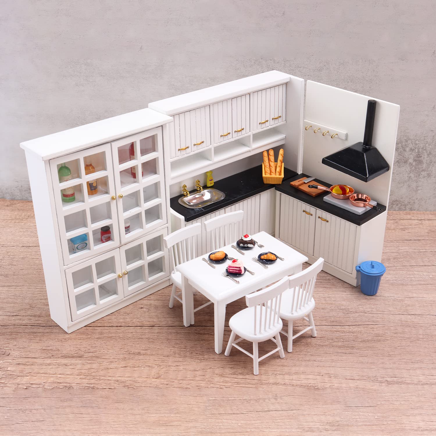 1/12 Scale Mini House Miniature Kitchen Furniture Fake Modern Wooden Miniature Kitchen Accessories Set Model