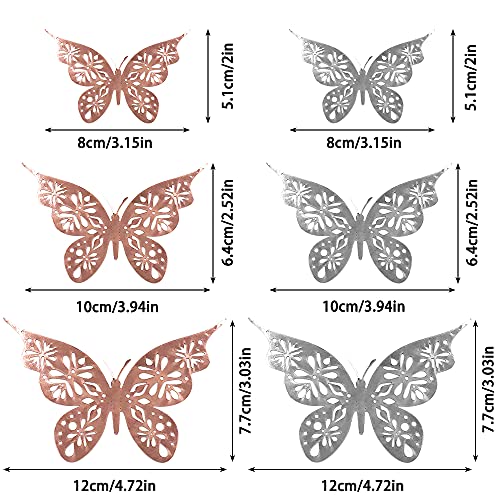 48 Pcs 3D Butterfly Wall Decals,maxin 3D Butterfly Wall Stickers Room Wall Decoration for Bathroom, Nursery Classroom,Baby Kids Bedroom, Living Room(Silver and Rose Gold)
