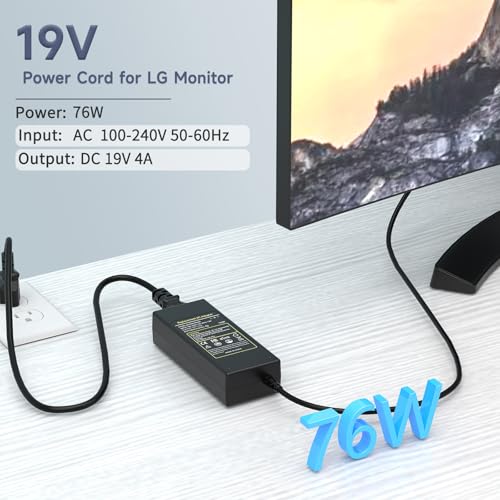 19V AC DC Adapter Charger for LG Electronics 19" 20" 22" 23" 24" 27" 32" Monitor 24LJ4540 24M47H-P 24MP55HQ; DA-48F19 DA-65G19 ADS-40FSG-19 DA-65F19 PS236V IPS236-PN E2750VR-SN Power Supply Cord