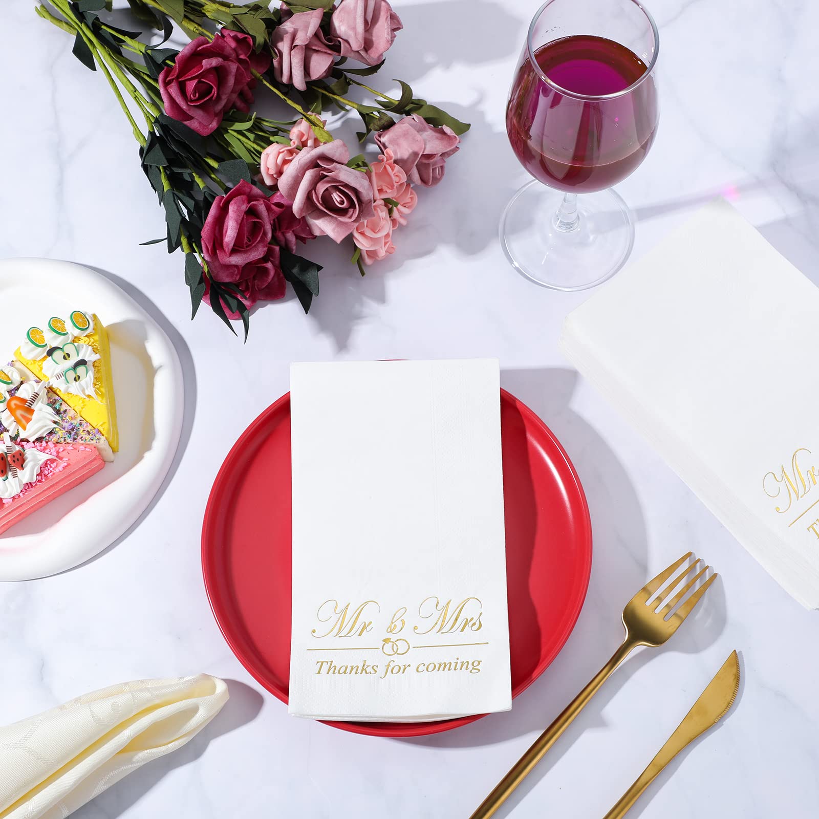 100 Pieces Wedding Napkins for Reception Disposable Bridal Shower Napkins Gold Foil Wedding Decorations for Wedding Shower Engagement Party Decorations Cocktail Beverage Dessert (Simple Styles)