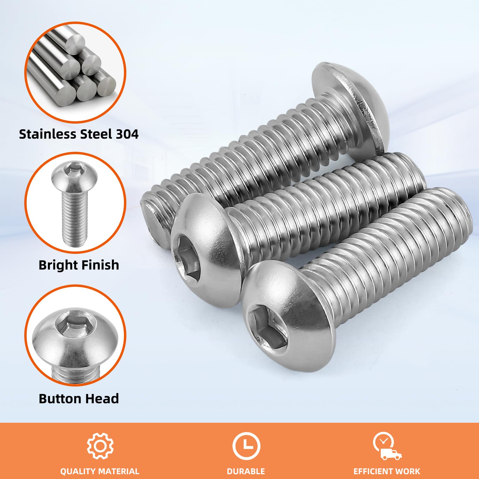 1/4-20 x 3/8" Button Head Socket Cap Bolts Screws, 18-8 Stainless Steel, Bright Finish, Full Thread, Allen Hex Drive, 25 PCS