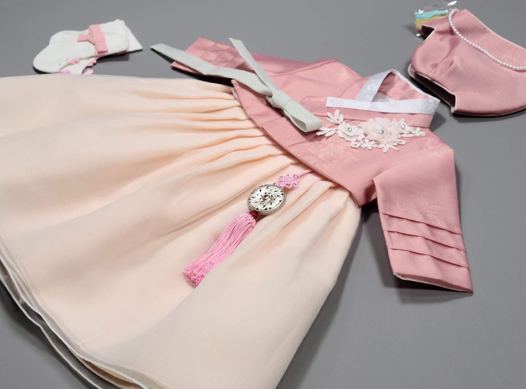 100 Day Birth Hanbok Korea Traditional Dress Lovely Dusty Pink Top Chiffon Layers Skirt