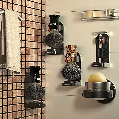 2IN1 Shaving Brush with Holder Set,Anbbas Synthetic Badger Brush with Wood Handle,Black ABS Wall Mounted Adjustable Shaving Stand for Most Wet Shave Brushes