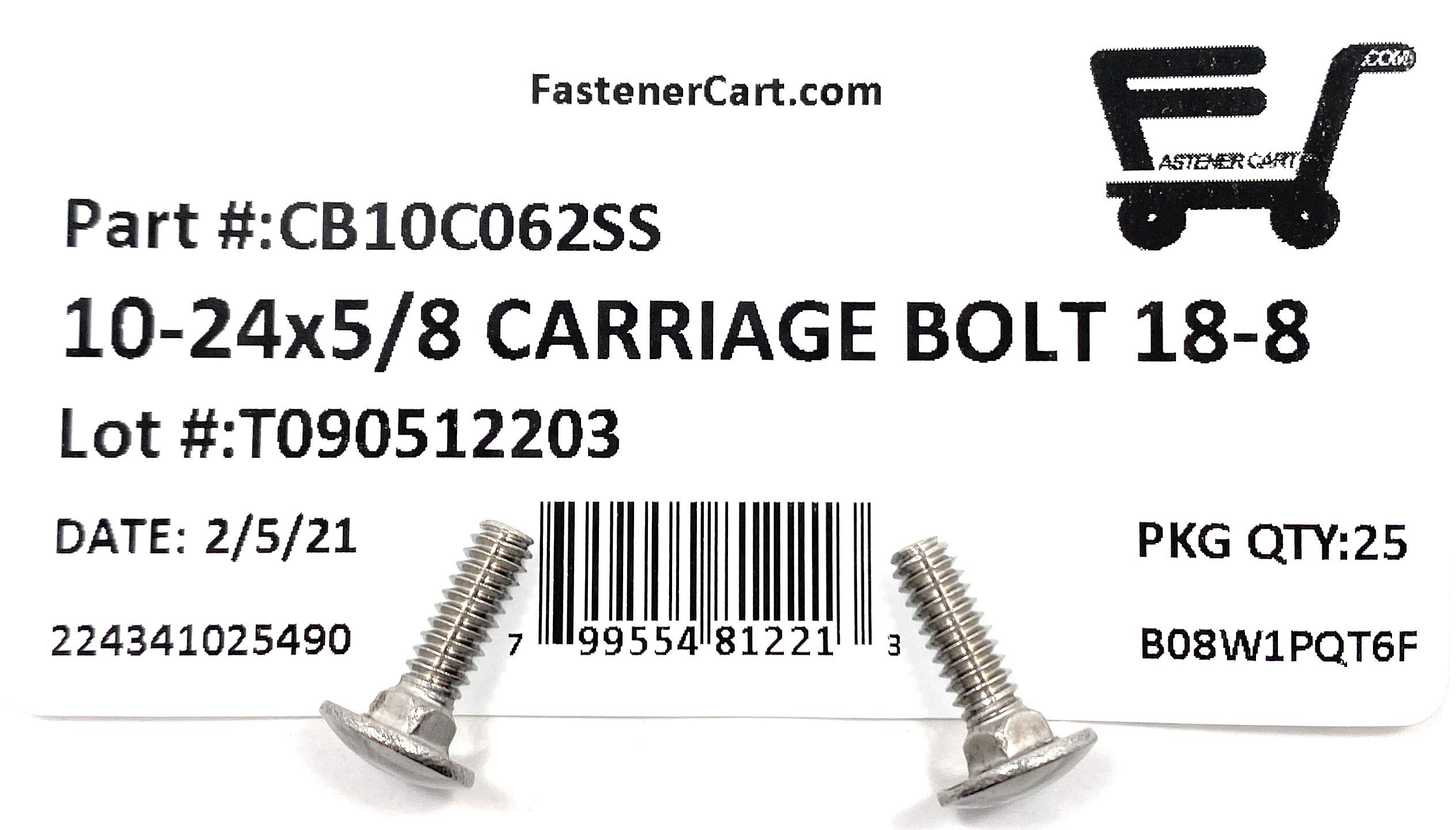 10-24x5/8 Carriage Bolts Stainless Steel 18-8 (25 Pieces)