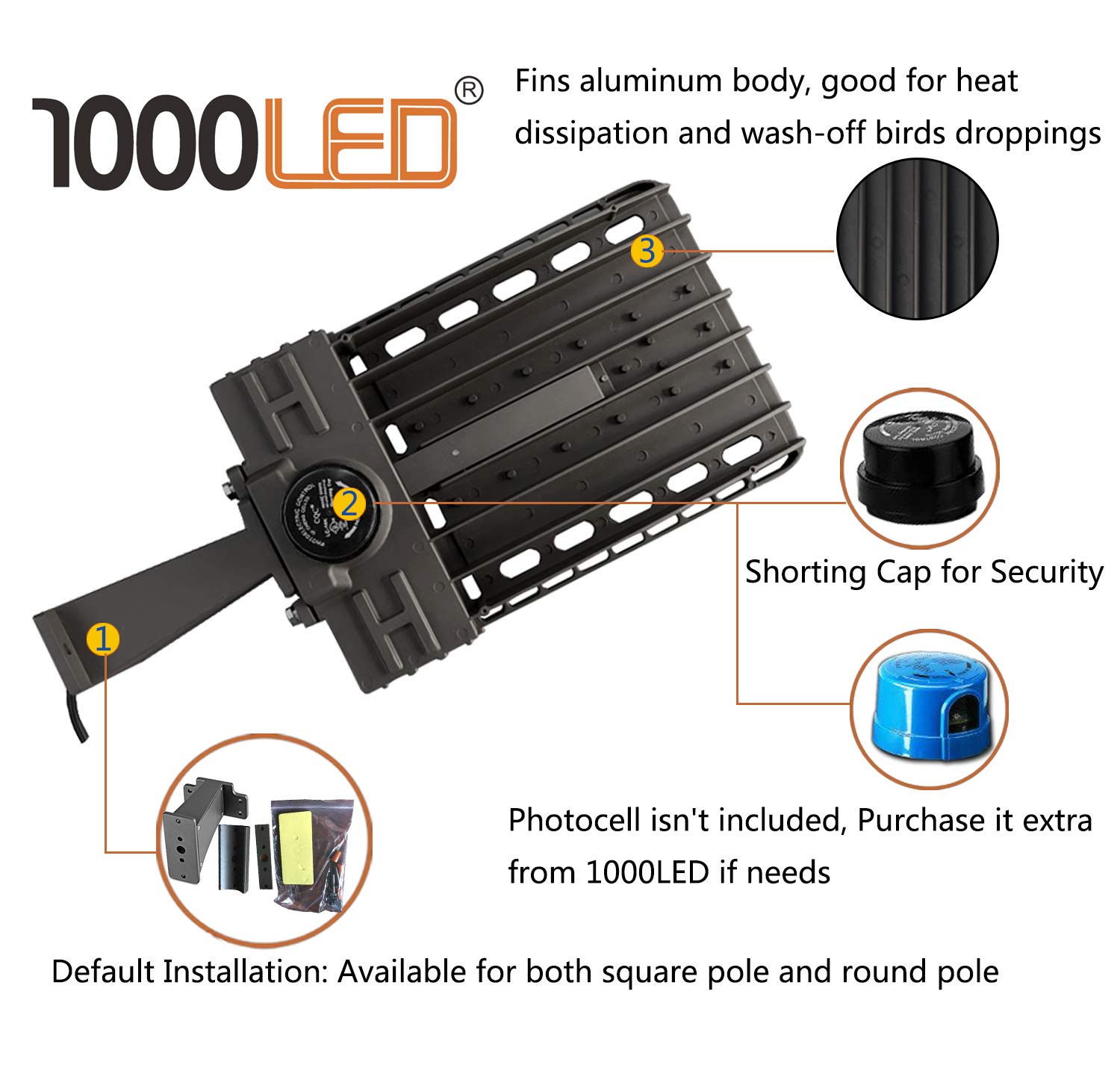 1000LED LED Shoebox Pole Light, 60W (200W Eq.) 8,765Lm, AC110-277V, Arm Mount, Daylight White 5000K, LED Parking Lot Light Outdoor Area Light