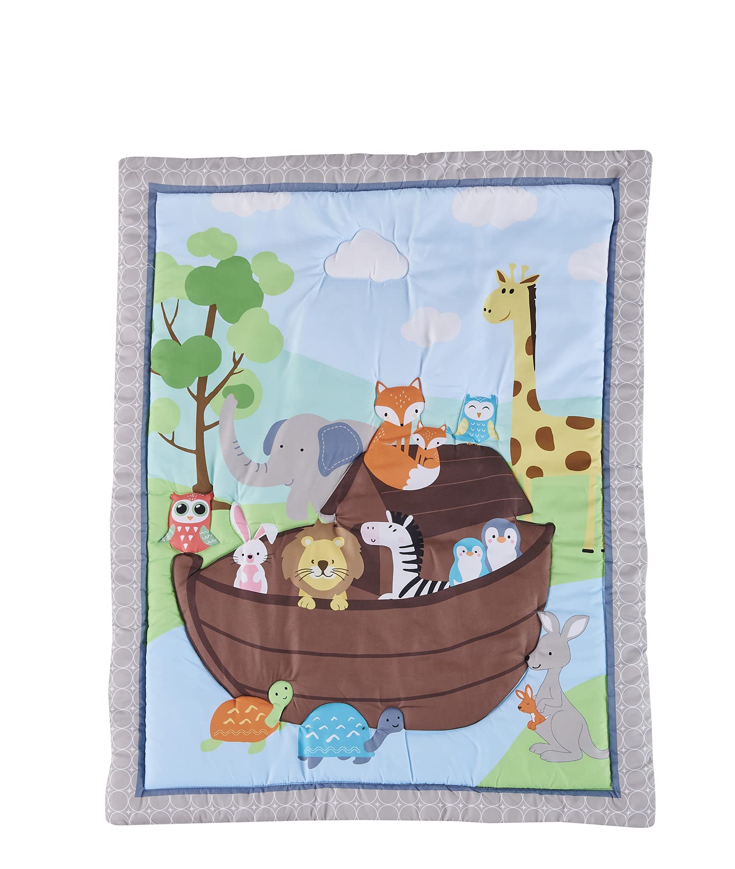 5 PCs Noah's Ark Nursery Crib Bedding Set Blue Grey Animal Theme Baby Crib Bedding Set Quilt + Skirt + Fitted Sheet + Diaper Storage Bag + Window Valance