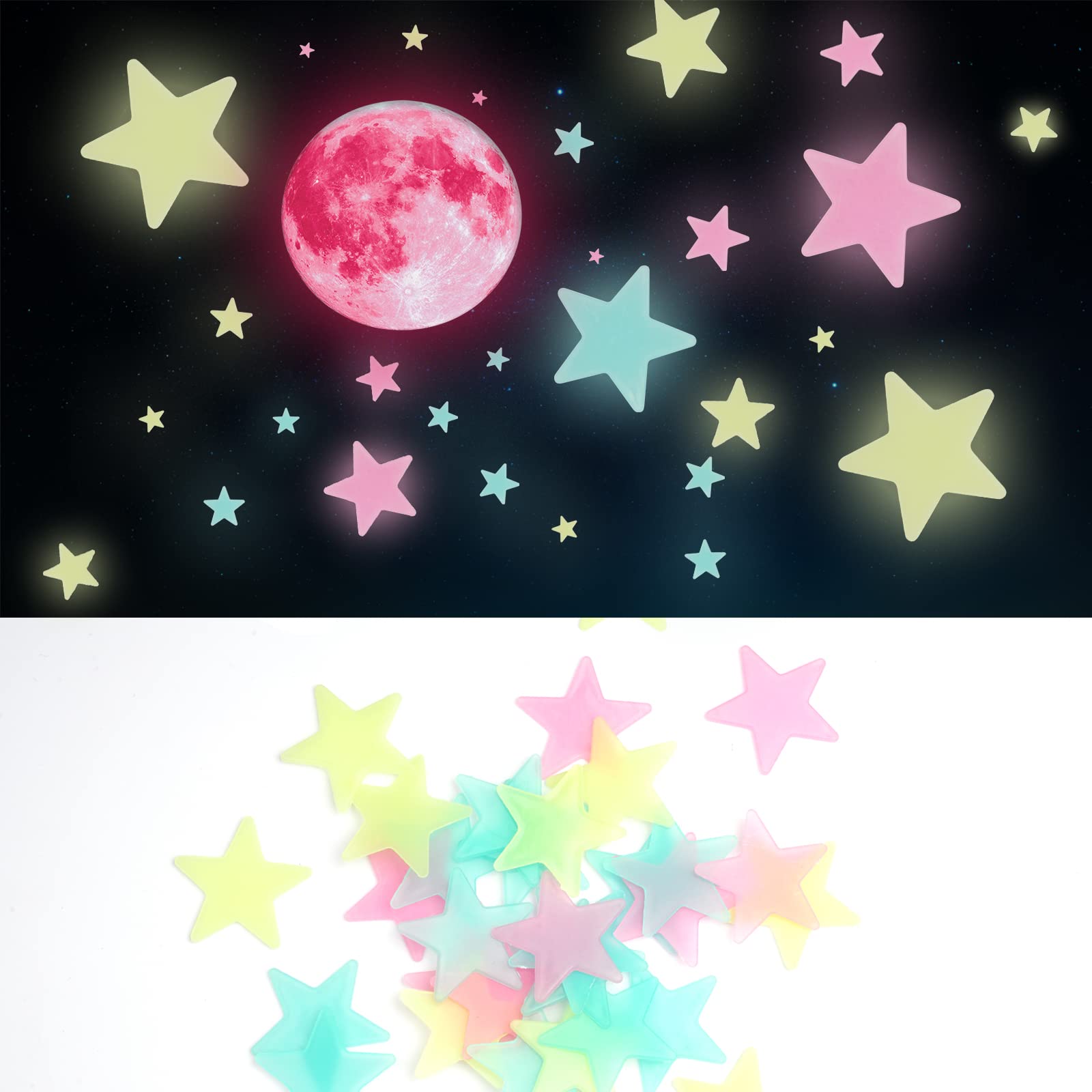 100 Pcs Glow in The Dark Stars with 3D Moon Stickers for Ceiling, Wall Decor Sticker for Nursery, Bedroom, Emo Room Decor Decal (Red Moon)