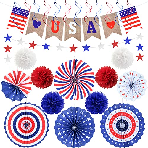 4th of July Decorations Independence Day Patriotic Decor Set - Red White Blue Paper USA Banner Flag Fans Star Streamer Pom Poms for Memorial Veterans Labor Presidents Flag Day Home Parties Accessories