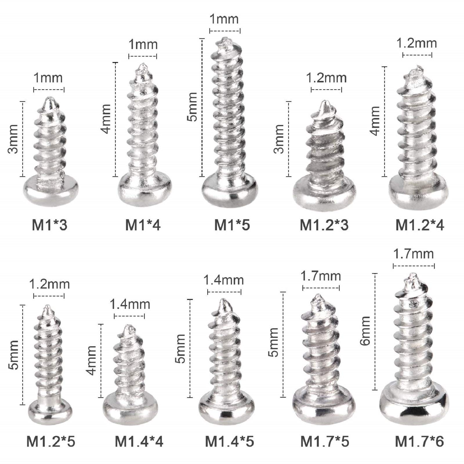 1000Pcs mini screw kit M1 M1.2 M1.4 M1.7 Phillips pan Head Micro Screws Self-Tapping Electronic small metric screw PA Nickel-Plated