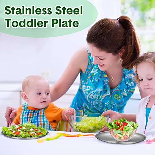 10 Pcs 18/8 Stainless Steel Plate 304 Stainless Steel Dishes 8 Inches Adult Plates Reusable Camping Plates Dishwasher Safe Feeding Serving Flat Plate Double Layers Round Dessert Plate (Silver)