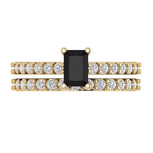 1.41ct Emerald Cut Solitaire Natural Black Onyx Engagement Promise Anniversary Bridal Ring Band set 18K Yellow Gold 10