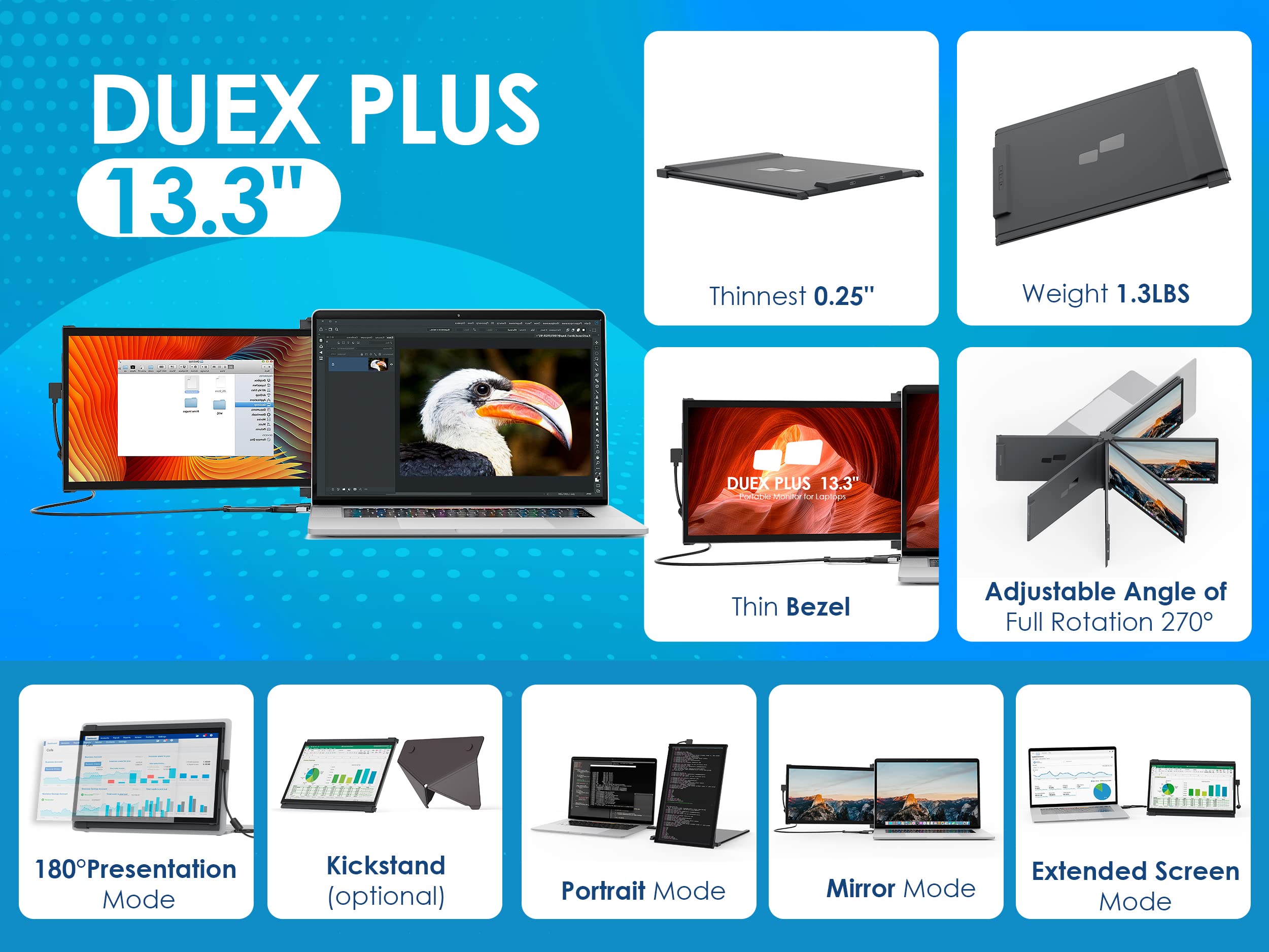 New Mobile Pixels Duex Plus Portable Monitor, 13.3" Full HD 1080P IPS Dual Laptop Monitor, USB C/USB A Plug and Play Portable Display,Windows,Mac,Android,Switch Compatible
