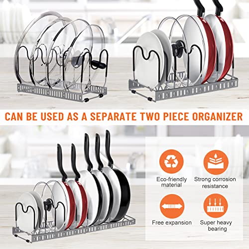 AHNR Expandable Pot and Pan Organizers Rack, 10+ Pans and Pots Lid Organizer Rack Holder, Kitchen Cabinet Pantry Bakeware Organizer Rack Holder with 10 Adjustable Compartments (Grey)