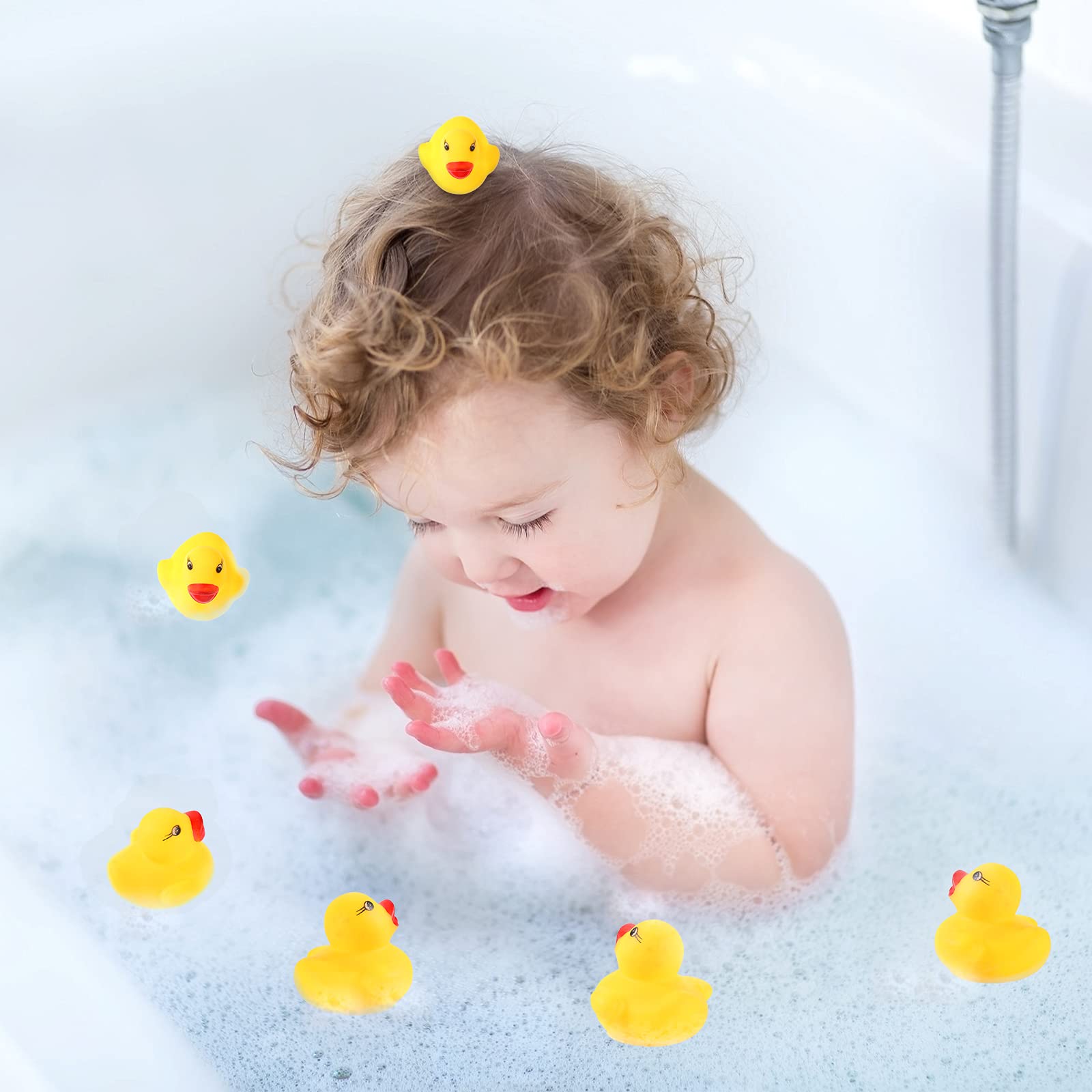 100 PCS Mini Rubber Duck Float Ducks Ribbon Bath Ducks Bulk Breast Pancreatic Cancer Mental Health Ducks Bathtub Toys Bulk Rubber Ducks for Cancer Awareness Pool Decorations(Funny,Yellow)