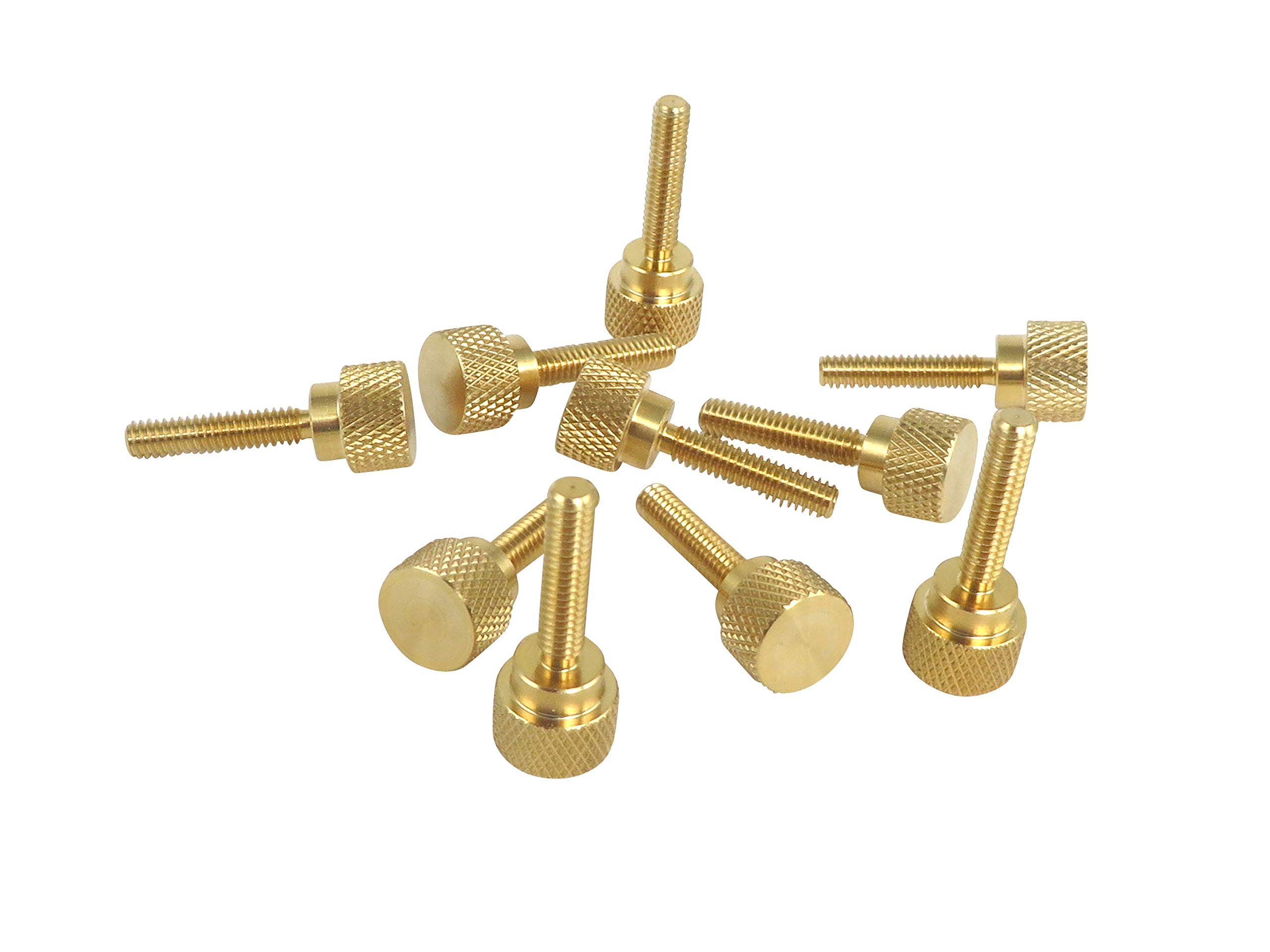 10 Pack 8-32 x 3/4 Inch Threads Solid Brass Diamond Knurled Thumb Screws Knobs with Straight Shoulders Right-Hand Threads SAE Flat Tip Uncoated (8-32 x 3/4 inch Long Threads)