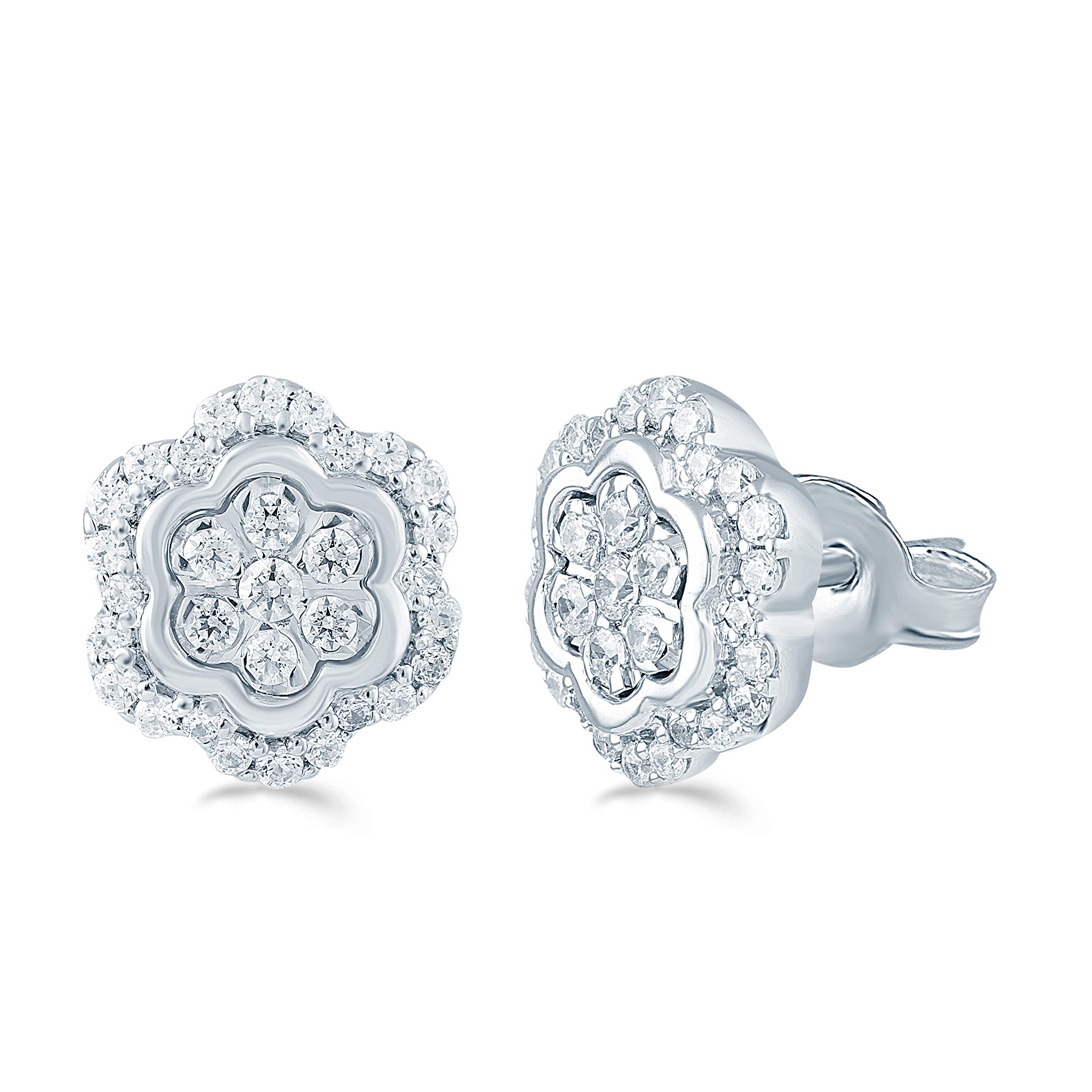 1/2Cttw Natural Diamond Cluster Stud Earrings Set in 925 Sterling Silver