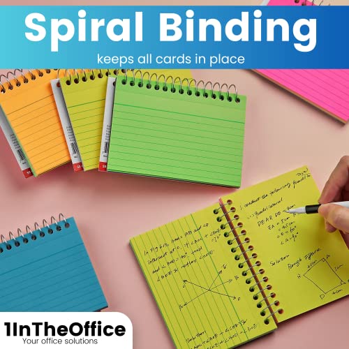 1InTheOffice Spiral Index Cards 3x5 Ruled, Spiral Bound, 50 Neon Note Cards/Spiral (2 Pack)