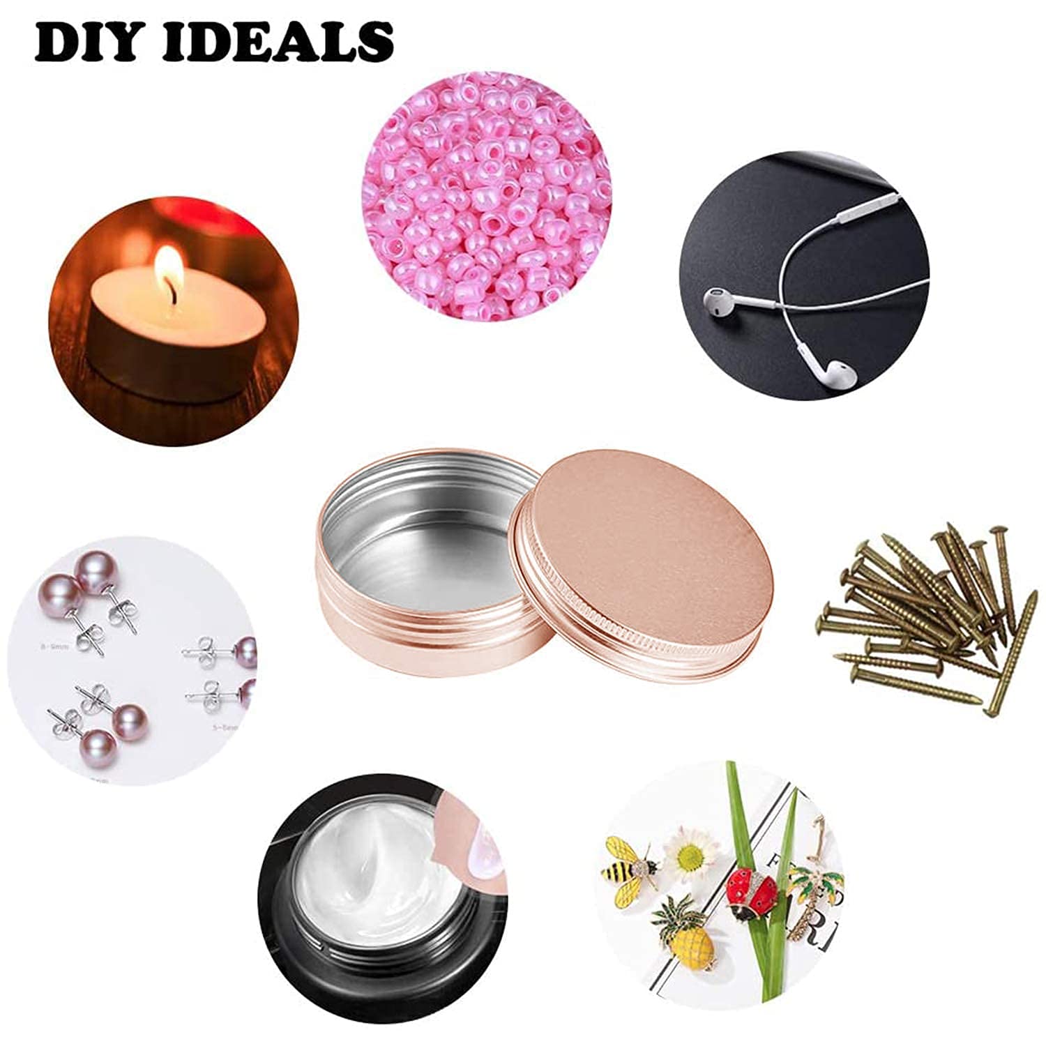 2 oz Aluminum Tin Jar with Screw Cap Refillable Container for Cosmetic, Lip Balm, Cream, Rose Gold 12 Pcs.
