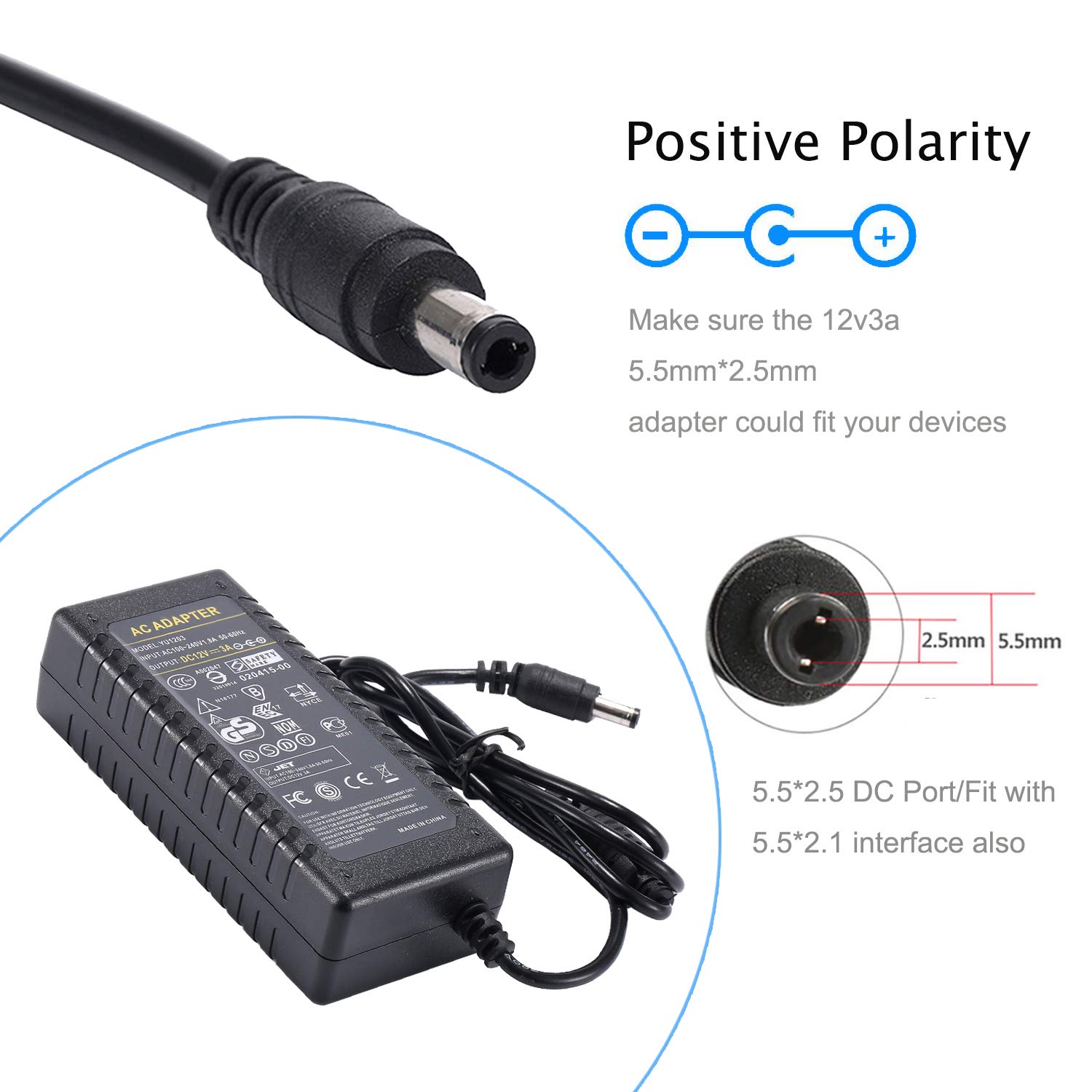 12V 3A Power Supply, COOLM AC 100-240v to DC 12V 3A Power Adapter 36W Charger Led Driver 12V3A for LED Strip Light CCTV Camera