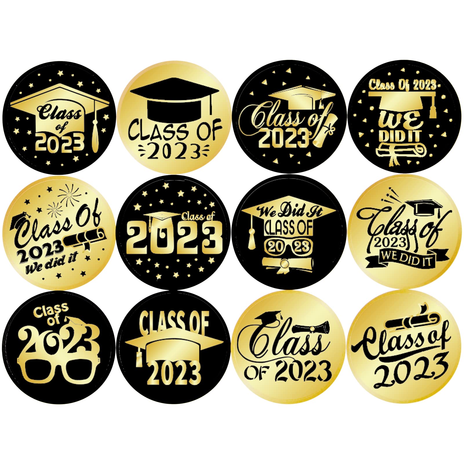 2023 Graduation Stickers, 240 Pieces Class of 2023 Grad Circle Stickers, Graduation Envelope Seals Candy Label Stickers (12 Design) - Black Gold