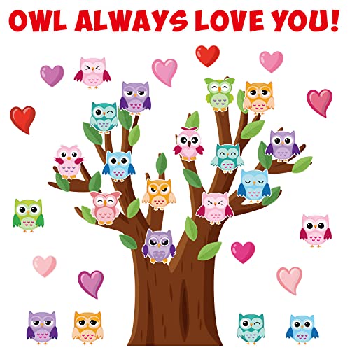 111Pcs Valentine's Day Classroom Tree Heart Owls Bulletin Board Cut 0ut Classroom Decoration, Colorful Owls Name Tags Tree Leaves Heart Bulletin Board for Teacher Student Back to School Party Supplies