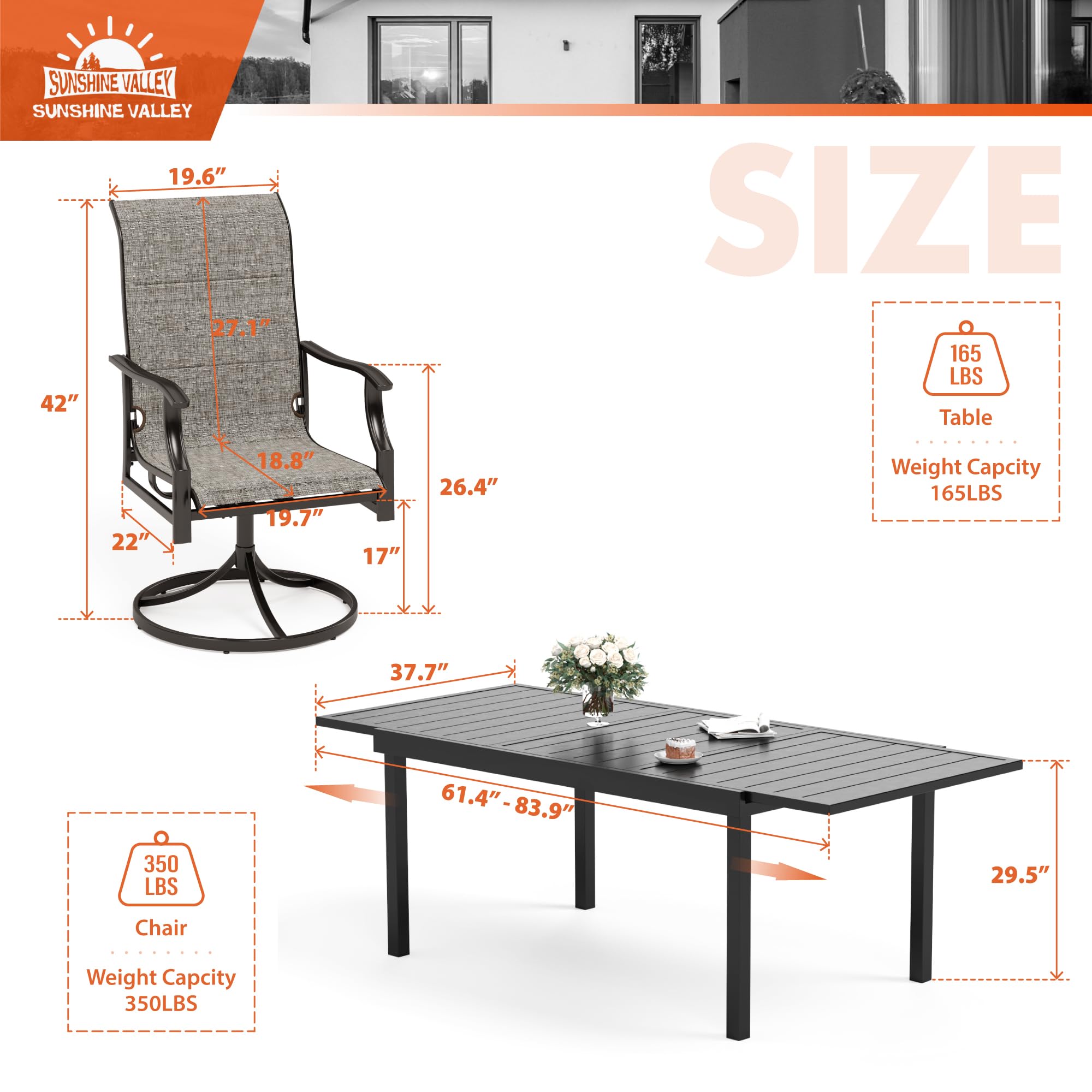 SUNSHINE VALLEY 9 Piece Patio Dining Sets for 8, Outdoor Table and Chairs Set with Extendable Rectangular Patio Dining Table and 8 Swivel Patio Dining Chairs, Outdoor Dining Set for Backyard Deck Lawn