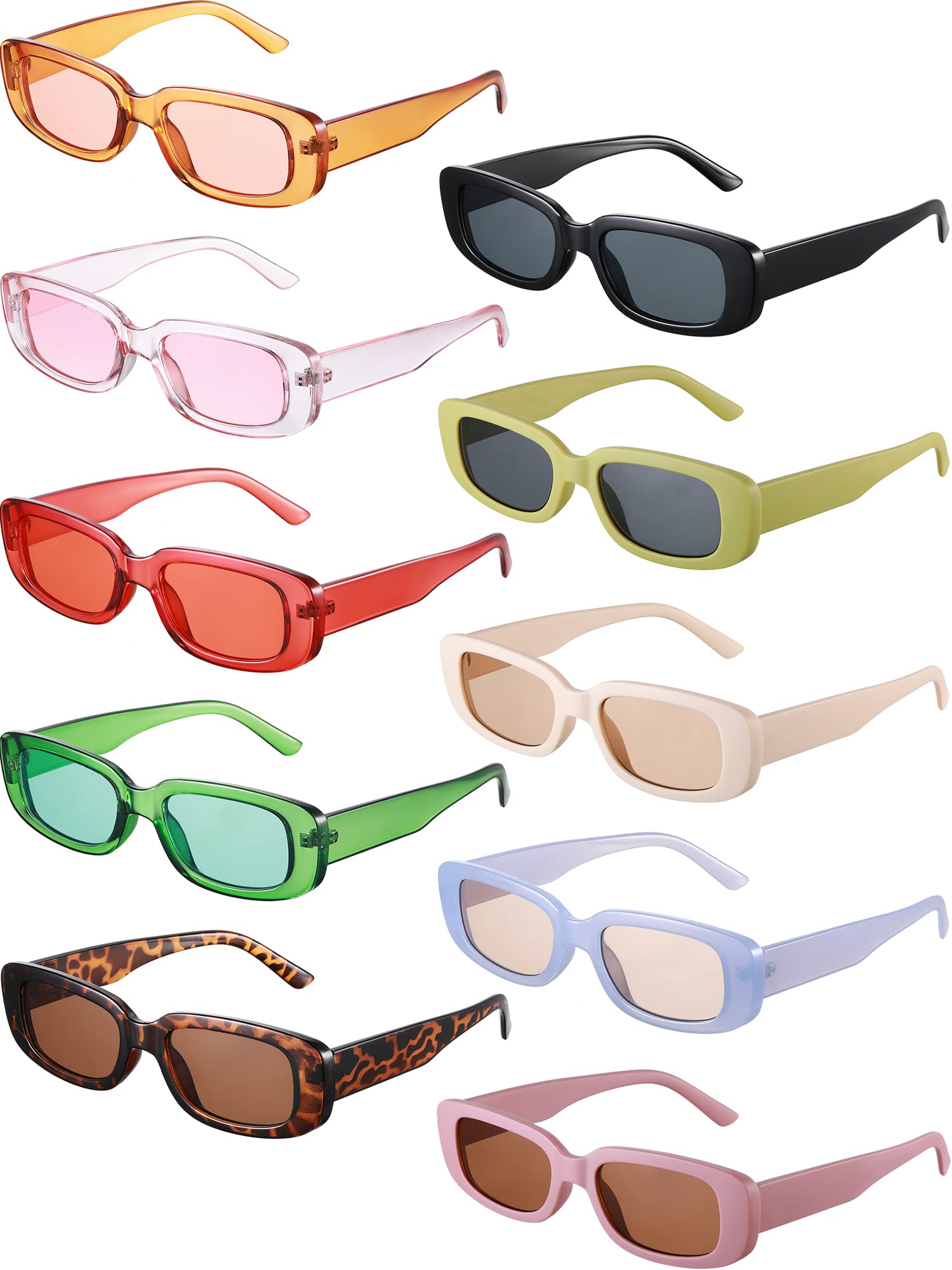10 Pairs Small Rectangle Sunglasses Women Retro Square Glasses Vintage Wide Frame Eyewear for Women Girls (Bright Color)